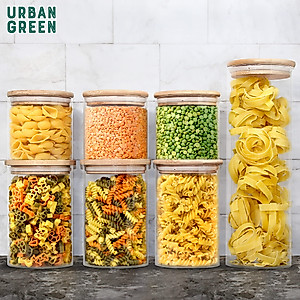 Urban Green Glass Jars with Bamboo Lids, Glass Airtight Canisters sets, Glass Food Storage Container, Pantry Organization and Storage Jars, Kitchen Canisters Sets, Spice Jars, Flour Containers of 6