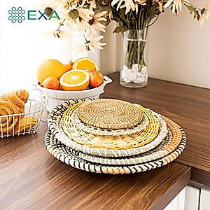 EXA Set of 6 Woven Wall Basket Orange Blossom Decor - Boho Farmhouse Rustic Room Style - for Thanksgiving Christmas Hanging Wall Art, Gift Idea, Table Settings - Handmade, Round, Natural Seagrass