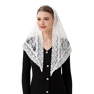 PAMOR Veils for Church Catholic Triangluar Scarf Embroidered Chapel Veil Head Covering Latin Mass Mantilla (White)
