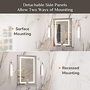 Keonjinn 24 x 32 LED Medicine Cabinet for Bathroom with Light Adjustable Shelves Electrical Outlet Dimmable Defogging 3 Color Light Tempered Glass LED Vanity Mirror with Storage Recessed/Surface Mount