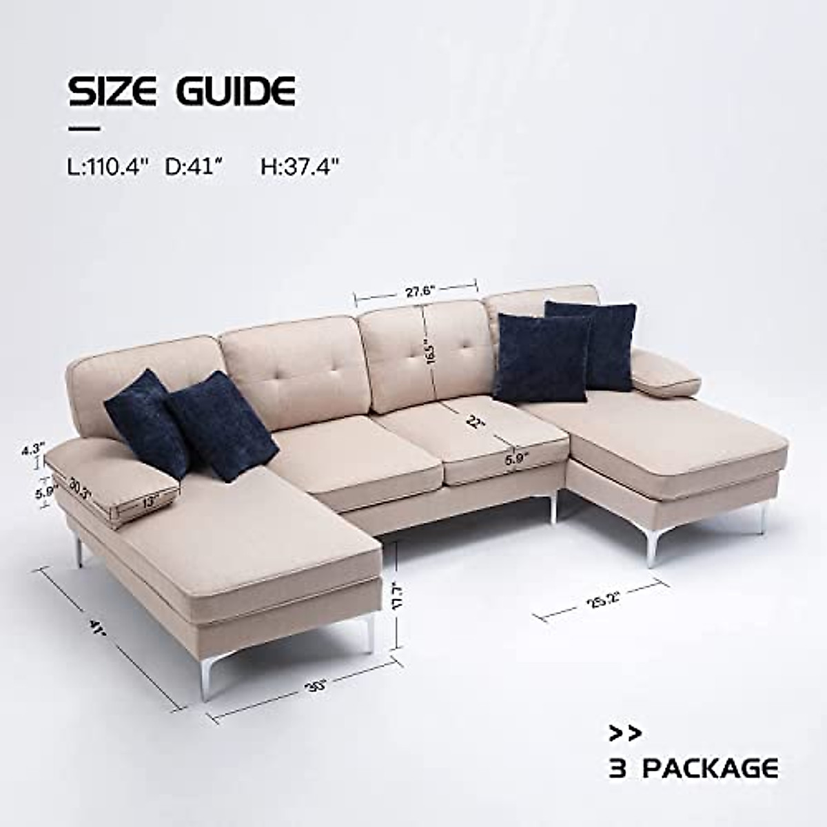 Zugoni Sectional Sofa U Shaped Sectional Couch, Large Sectional Couches with Tufted for Living Room, Comfy Soft Chaise Sectional Sofas, Modern Linen Sectionals with 4 Free Throw Pillows, Beige
