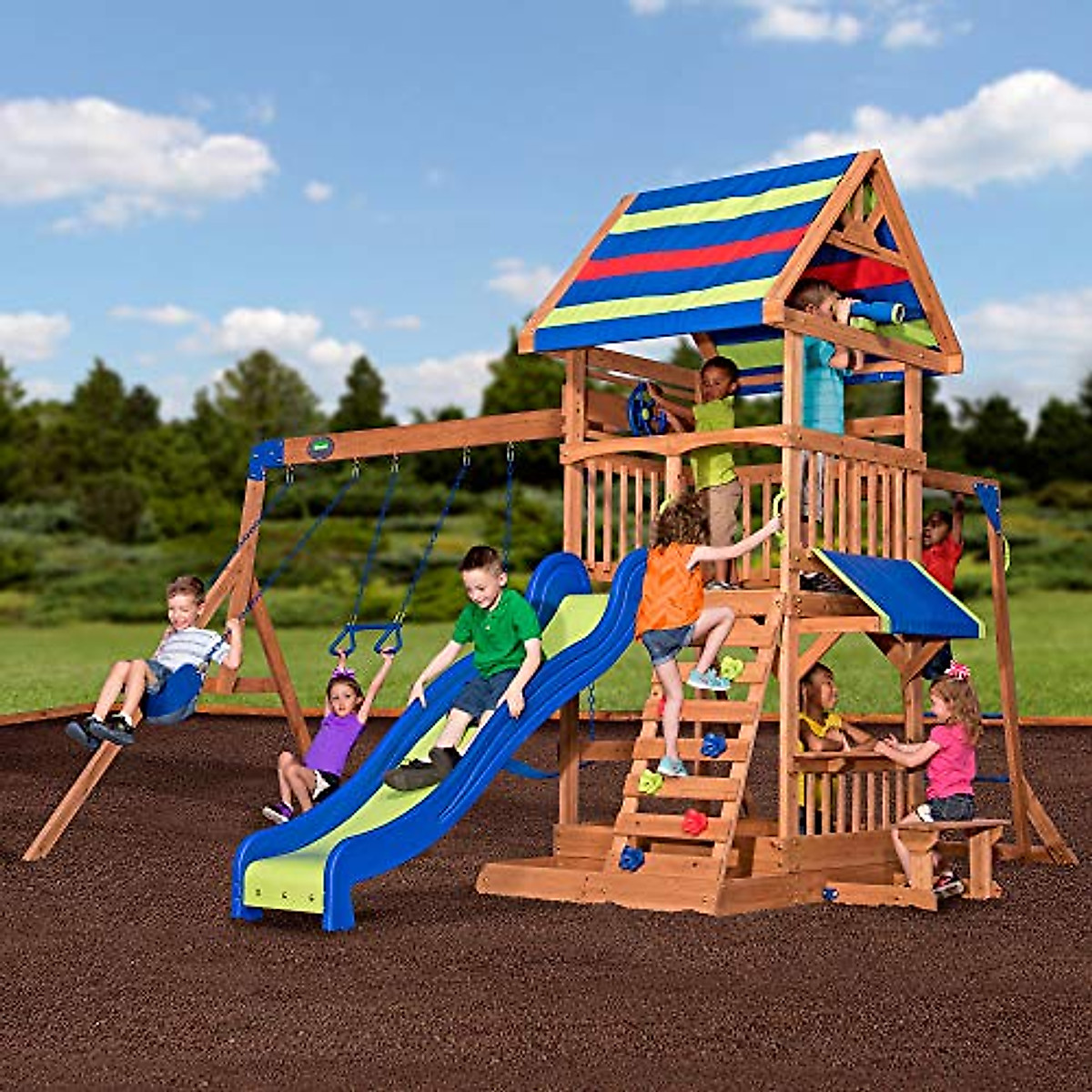 Backyard Discovery Beach Front All Cedar Wooden Swing Set, Large Upper Deck with Canopy, Ships Wheel, Play Telescope, Sandbox, Snack Bench, Rock Wall