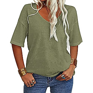 Danedvi Women Fashion V-Neck Half Sleeves Oversized T Shirt Solid Casual Loose Basic Tops Army Green