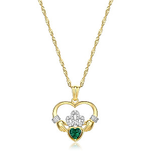 MORGAN & PAIGE 18K Yellow Gold-Plated .925 Sterling Silver Lab-Grown Emerald Diamond-Accented 1" Claddagh Heart Pendant Necklace on 18" Chain - May Birthstone