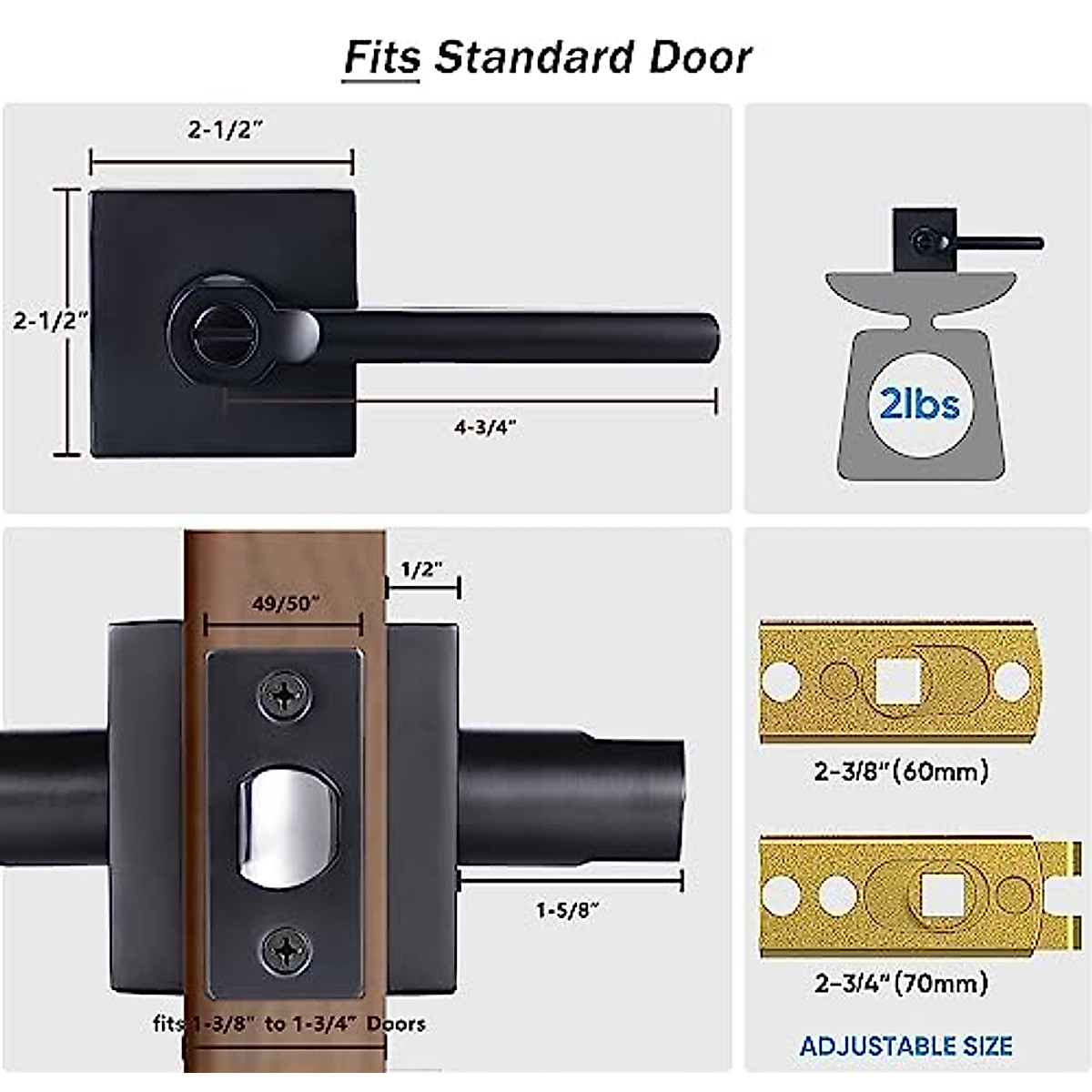 HBL' 2 Pack | Black Interior Door Handles Heavy Duty - Privacy Door Knobs for Bedroom & Bathroom | Made of Zinc Alloy | Fits Door Panel Thickness 1-3/8" to 1-3/4".