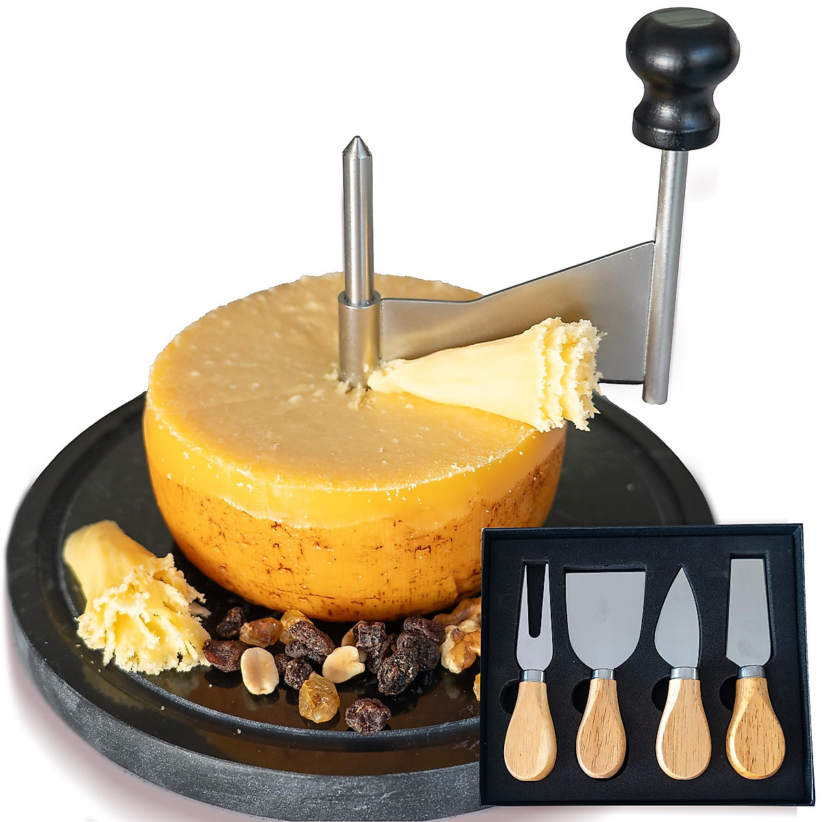 Cheese Curler Marble and steel + Cheese Knife Set - Cheese Shaver - Cheese Wheel Curler - Girolle Cheese Shaver - Tete de Moine Cheese Curler- Girolle - Spiral Cheese Shaver - Cheese flower Cutter
