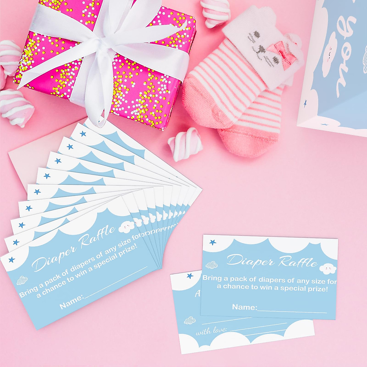 JCTHKUKU 50 Diaper Raffle Tickets with Box for Baby Shower Game, Blue Diaper Raffle Card Box for Gender Reveal Baby Shower Raffle Oh Baby Party Decoration Card Boxes