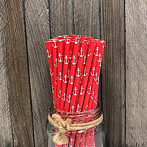 Anchor Nautical Themed Paper Straws - Red and White - 7.75 Inches - 100 Pack - Outside the Box Papers Brand