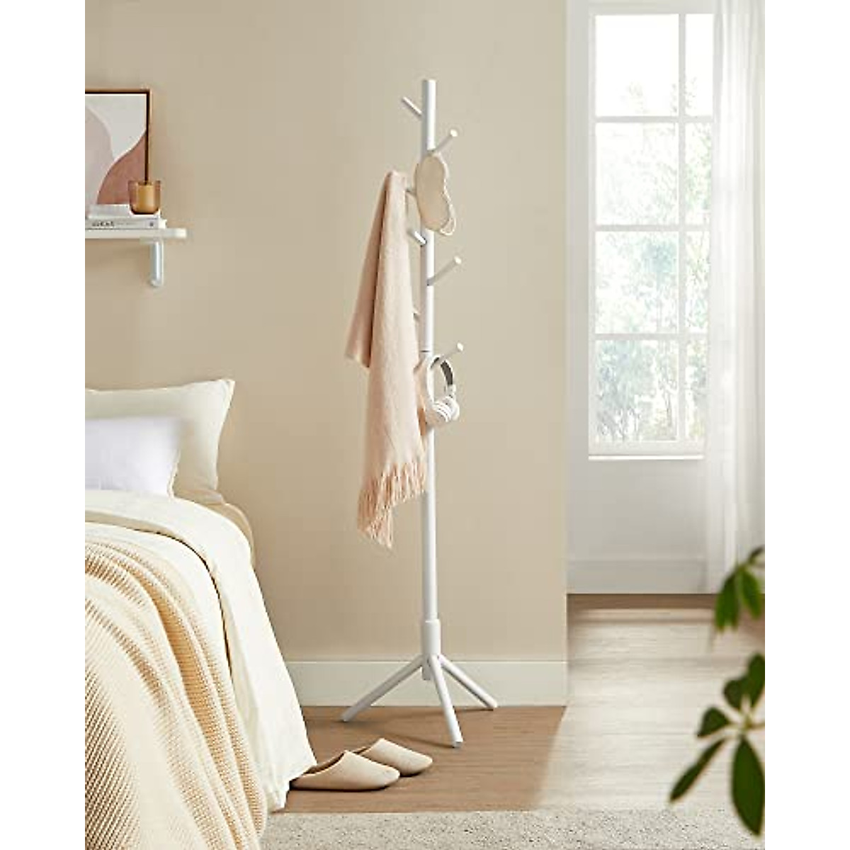 VASAGLE Solid Wood Coat Rack, Free Standing Coat Rack, Tree-Shaped Coat Rack with 8 Hooks, 3 Height Options, for Clothes, Hats, Bags, for Living Room, Bedroom, Home Office, White URCR04WT