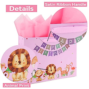 13" Large Pink Gift Bag Set with Greeting Card and Tissue Papers (Animal and Happy Birthday) for Girls', or Kids' Party, Baby Showers, Baby Girls, Newborn, New Moms or Parents- 13”x5.2”x10.2”, 1 Pcs