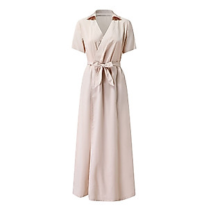 Womens Solid Color Long Dress Short Sleeve V Neck Summer Elegant Dress Office Lady Shirt Dresses With Belt (Khaki, L)