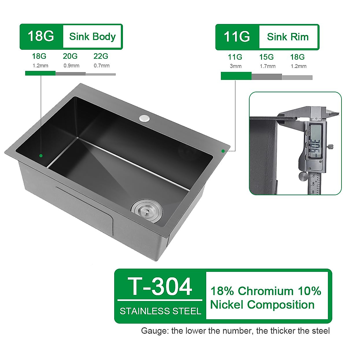 OUGOO Kitchen Sink, 22 x 18 Drop in Sink, 9" Deep Single Bowl Kitchen Sinks, 304 Stainless Steel Topmount Kitchen Sink with Strainer & Bottom Grid, Black