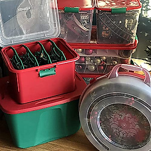 HOMZ 18 Gallon Stackable and Nestable Heavy Duty Plastic Holiday Storage Container with 4 Way Handles for Organizing, Green/Red, (4 Pack)