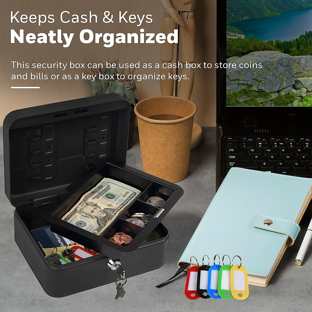 Honeywell Safes & Door Locks - 6111 Convertible Steel Cash and Security Box with Key Lock, Black 6.6x7.9x3.5