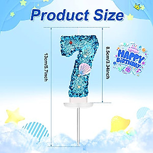 3 Inch Shell Birthday Number Candle, Glitter Number Candle Cake Topper Shell Sequins Cake Numeral for Birthday Wedding Anniversary Mermaid Themed Party (Blue, 7)