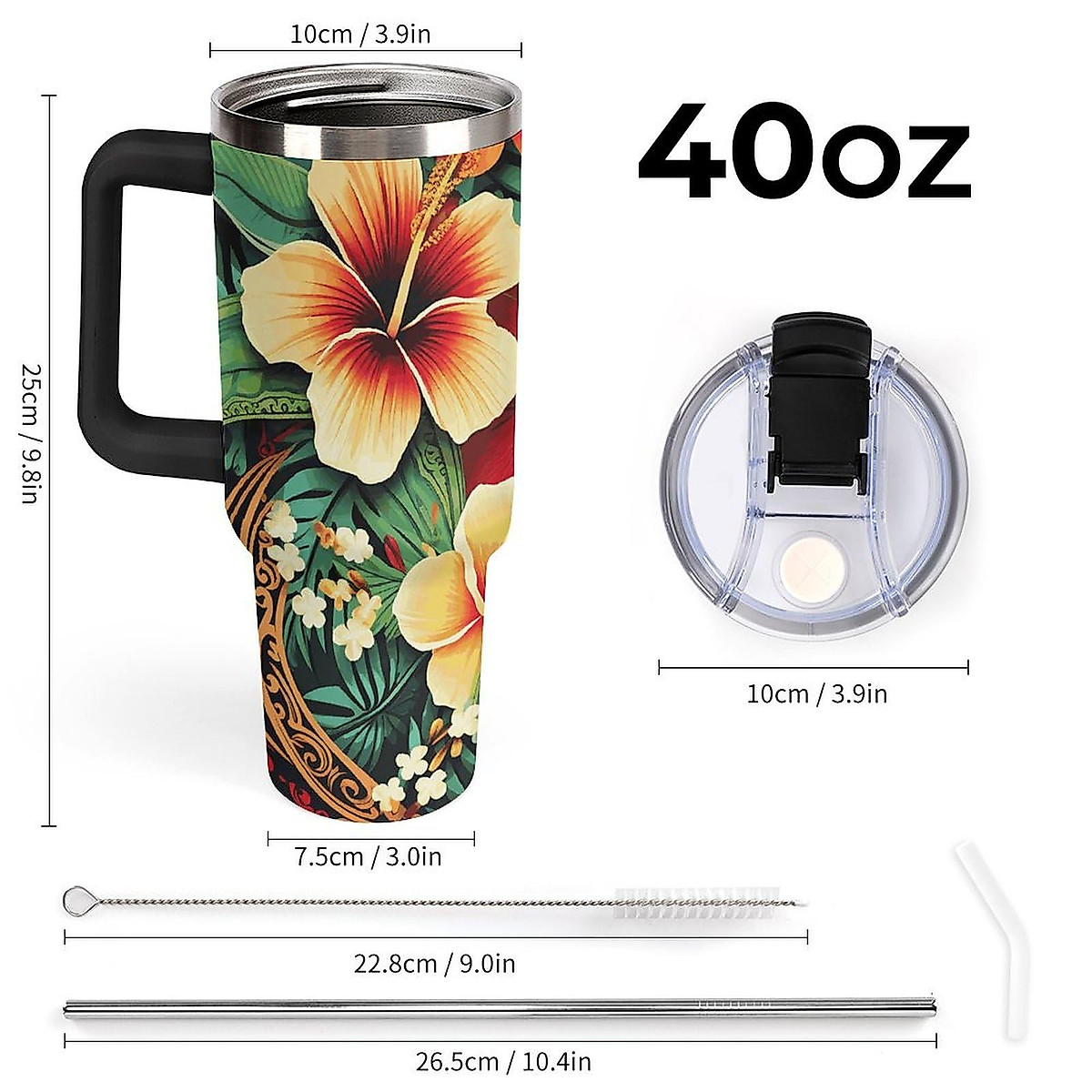 LYHVSFJW 40 Oz Tumbler with Handle Straw Hawaiian Style Print Pattern Water Cup with Lids Stainless Steel Water Bottle Travel Insulated Mug Coffee Mug Vacuum Insulated Cup for Daily Use