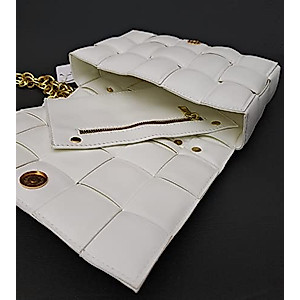 MariaKinz VEGAN Leather Woven Crossbody/Shoulder Handbag Purse for Women, With Matching Acrylic Tote Handle (White)