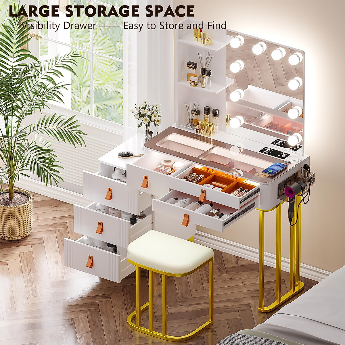 Gurexl Vanity Desk with Wireless Charging Station, Dressing Table with Lighted Mirror & 3 Lighting Modes Adjustable Brightness, Glass Top Makeup Vanity Table Set with 6 Drawers & Stool