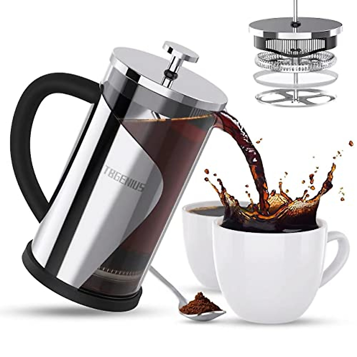 TBGENIUS French Press Coffee Maker 2-4 Cups, 21oz Coffee Press Perfect for Coffee Lover Gifts Morning Coffee, 4 Level Filtration, Stainless Steel Housing - Brews Milk Froth and Tea - 600ml