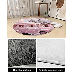 Christmas Fluffy Round Area Rug Carpets 3ft, Plush Shaggy Carpet Soft Circular Rugs, Non-Slip Fuzzy Accent Floor Mat for Living Room Bedroom Nursery Home Decor Blush Pink Farmhouse Winter Truck