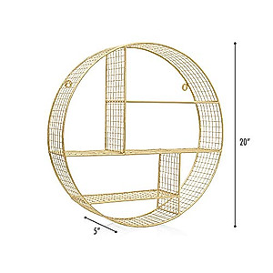 kimisty Gold Round Wall Shelf, 20 Inch Extra Large, Circular Bathroom, Bedroom Floating Shelves, Circle Brass Geometric Wall Art, Boho Metal Wire Mesh Sconce & Crystal Shelf