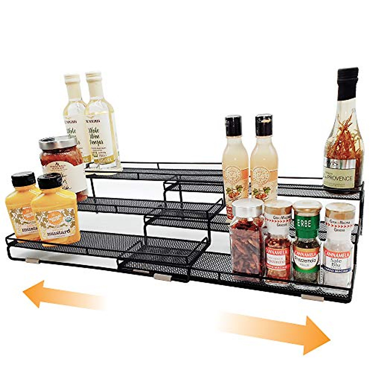 DOTORYDESIGN 3 Tier Wide Expandable Cabinet Spice Rack Organizer (14.5" to 29.1") - Step Shelf with Protection Railing, Black