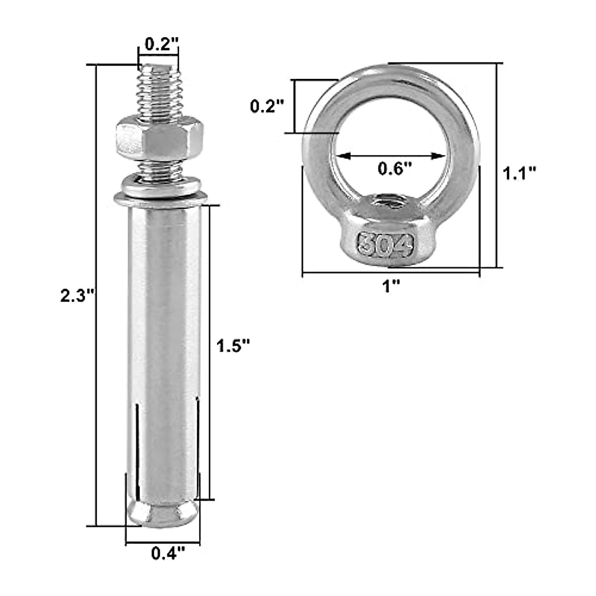 Augiimor 5PCS M6 x 60mm Ring Lifting Expansion Eyebolt Bolt Screw, 304 Stainless Steel Wall Concrete Brick Anchor Bolt