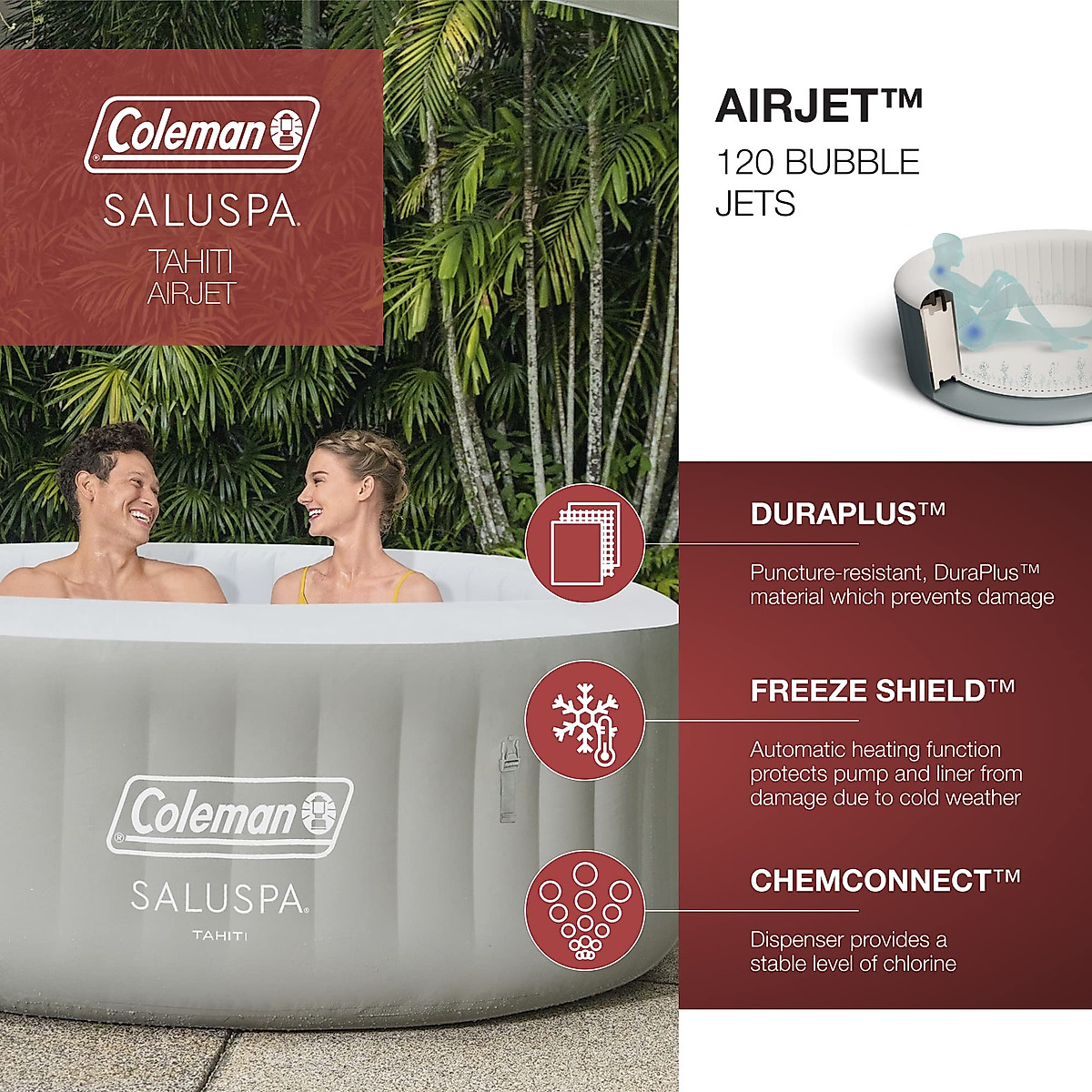 Coleman SaluSpa Tahiti Inflatable Hot Tub Spa, 2-4 Person AirJet Spa