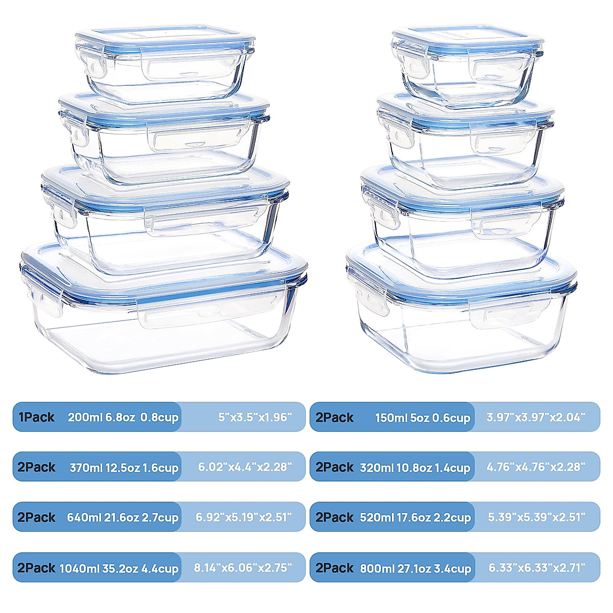 Vtopmart 15 Pack Glass Food Storage Containers with Lids, Glass Meal Prep Containers, Airtight Glass Bento Boxes with Leak Proof Locking Lids, for Microwave, Oven, Freezer and Dishwasher, BPA Free