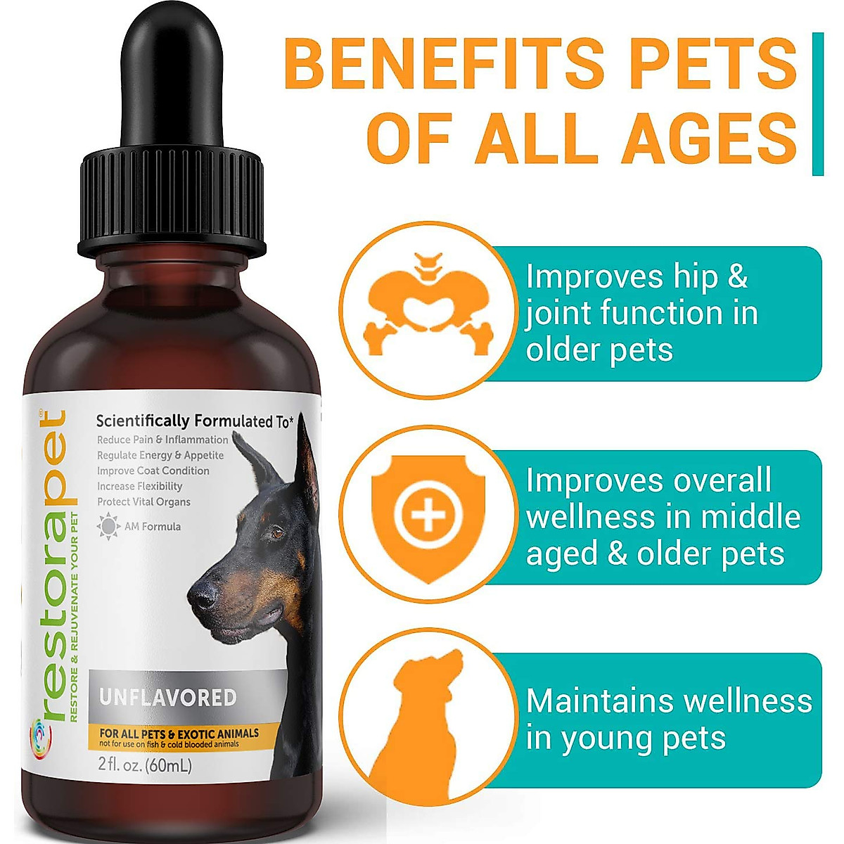 RestoraPet 2-Pack Dog & Cat Unflavored Liquid Multivitamin | Dog Arthritis Pain Relief | Hip&Joint Vitamins for Dogs | Anti Inflammatory Supplement for Dogs & Cats | Organic & Non-GMO, Vet Approved