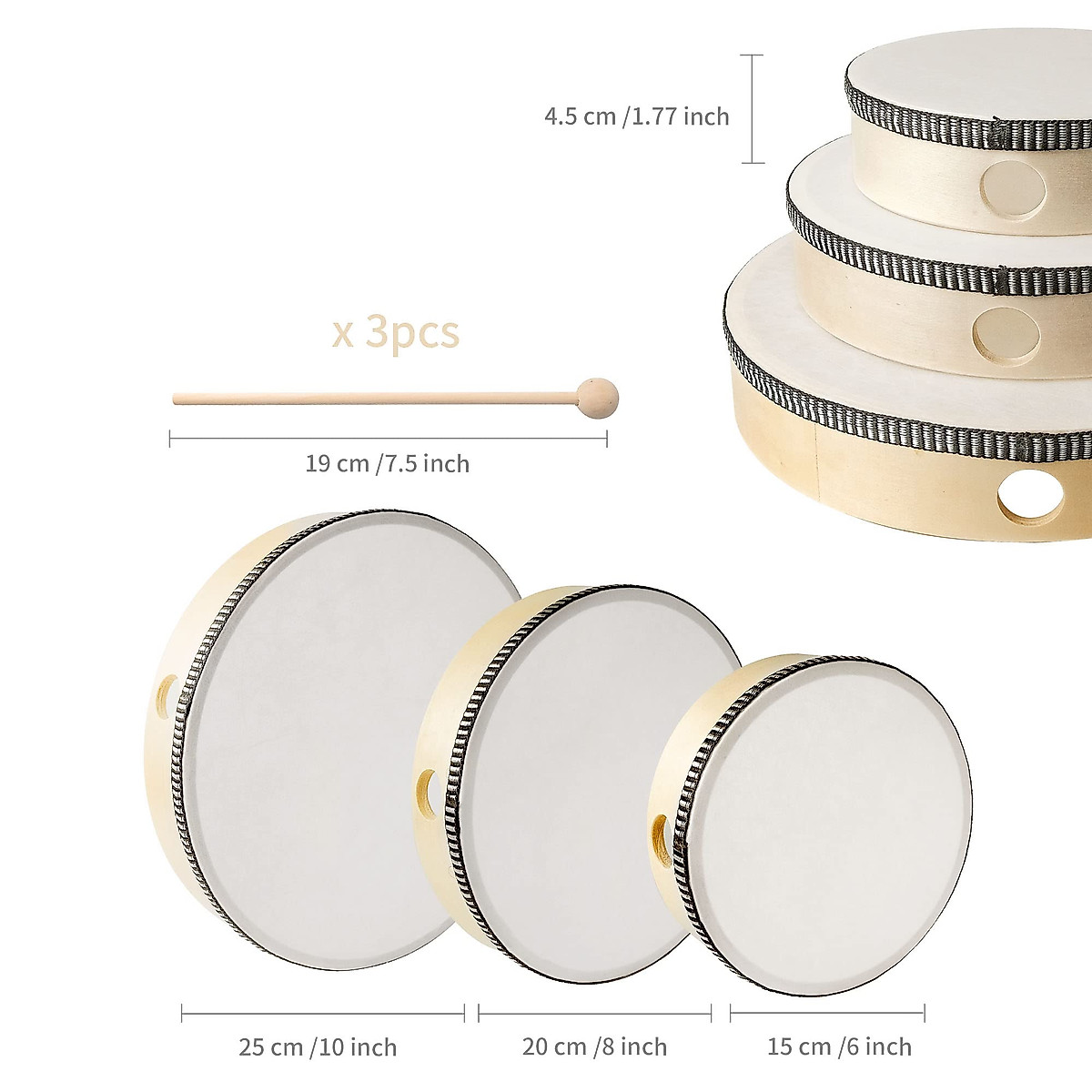 KEJJNYER Hand Drums with Drum Stick, 10 8 6 Inch Hand Drums for Adults Percussion Wood Frame Drum Musical Instrument for Party Class Home Supplies