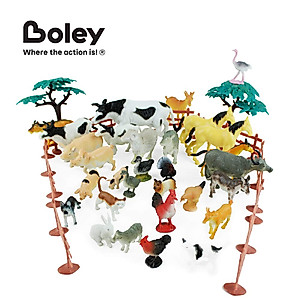 Boley Farm Animal Toy Bucket - 40 Piece Educational Playset with Horses, Cows, Roosters, Sheep, Fences, Trees - Perfect for Imaginative Play, Easy Storage, and Cleanup - Child Safe, Durable, and Fun