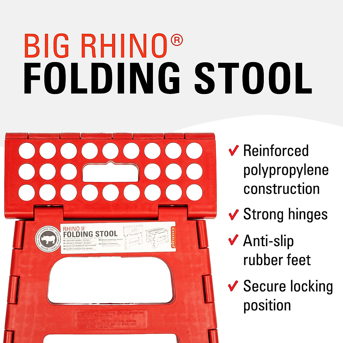 Kikkerland Rhino Foldable Step Stool – Holds Adults up to 300 Lbs, Best for Kitchen & Bathroom – Collapsible, Portable, Lightweight Stepping Stool with Sturdy, Non-Slip Design – Red, 8”