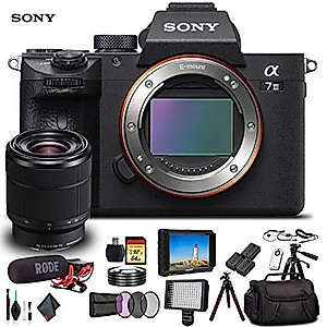 Sony Alpha a7 III Mirrorless Camera with 28-70mm Lens with Soft Bag, 2X Extra Batteries, Rode Mic, LED Light, External Monitor, 2X 64GB Memory Card, Sling Soft Bag, Plus Essential Accessories