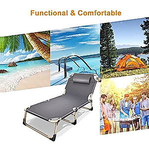 tiyiawi Patio Lounge Chair, 4-Fold Portable Camping Folding Tanning Chair Lightweight Portable Sunbathing Recliner for Outdoor, Lawn, Patio, Beach, Sunbathing, Tanning, Deck with Pillow