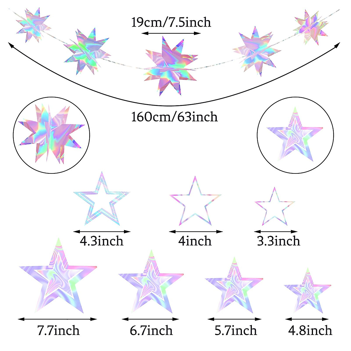 Fumwase Iridescent Star Party Decoration 3D Star Decorations Hanging Paper Garland Holographic Twinkle Little Stars Garlands for Christmas Graduation New Year Birthday Bachelorette (Iridescent)