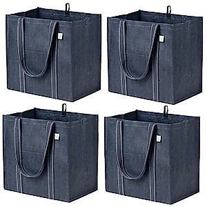 VENO 4 Pack Reusable Grocery Shopping Bag w/bottle holder, Hard bottom, Foldable, Multipurpose Heavy Duty Tote, Daily Utility bag, Stands Upright, Sustainable (Set of 4, Navy Blue)