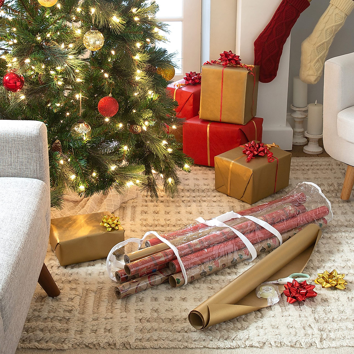 Simplify Clear Gift Wrap Storage Bag | Holds 30" Long Wrapping Paper Rolls | Clear | Zipper Closure | Easy Storage | Holiday Storage | Easy Carry Hangers