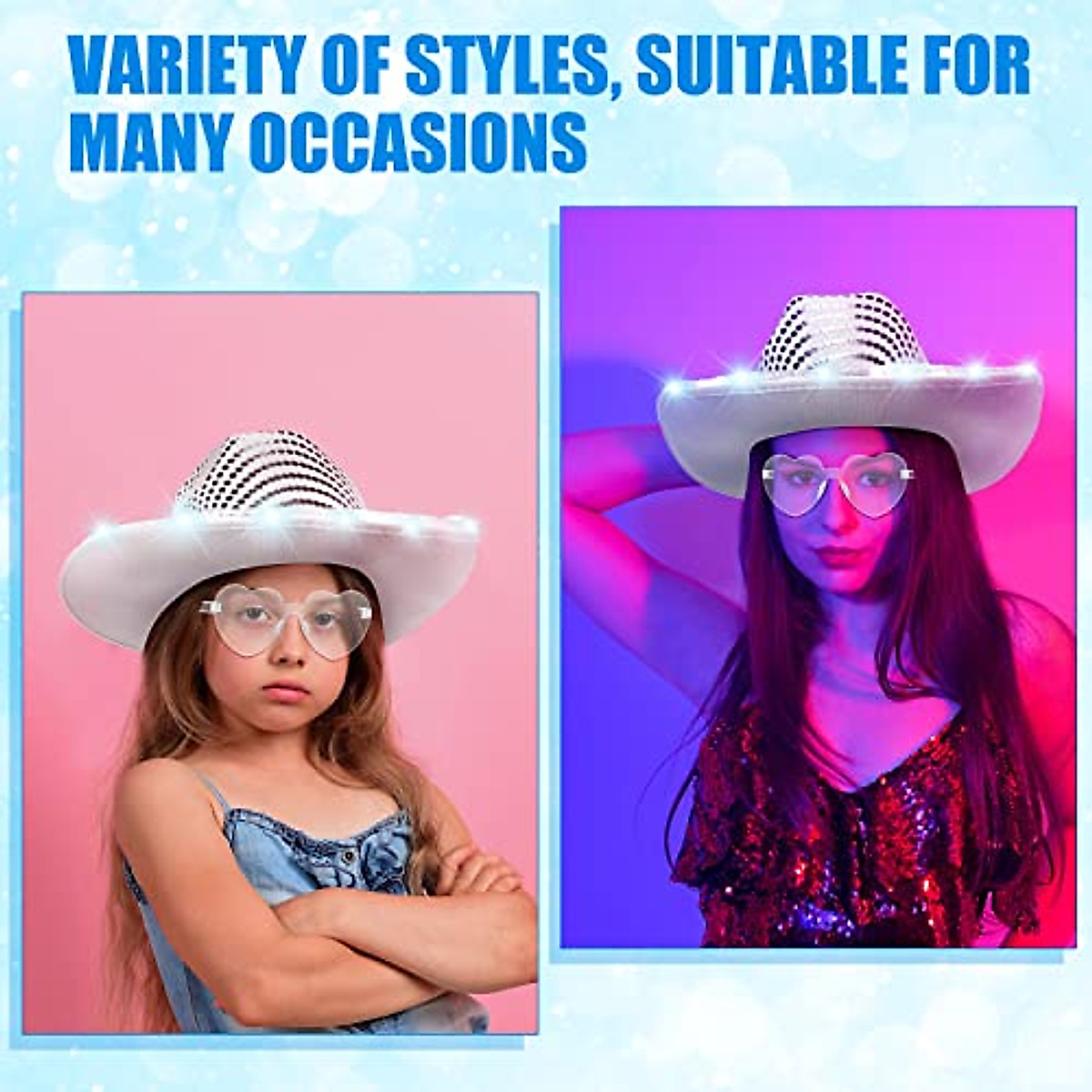 Zhanmai 6 Set LED Cowboy Hat Light Up Glitter Cowboy Hat with Sunglasses Sequin Space Cowgirl Hat for Women Men Costume Accessories (Gray)