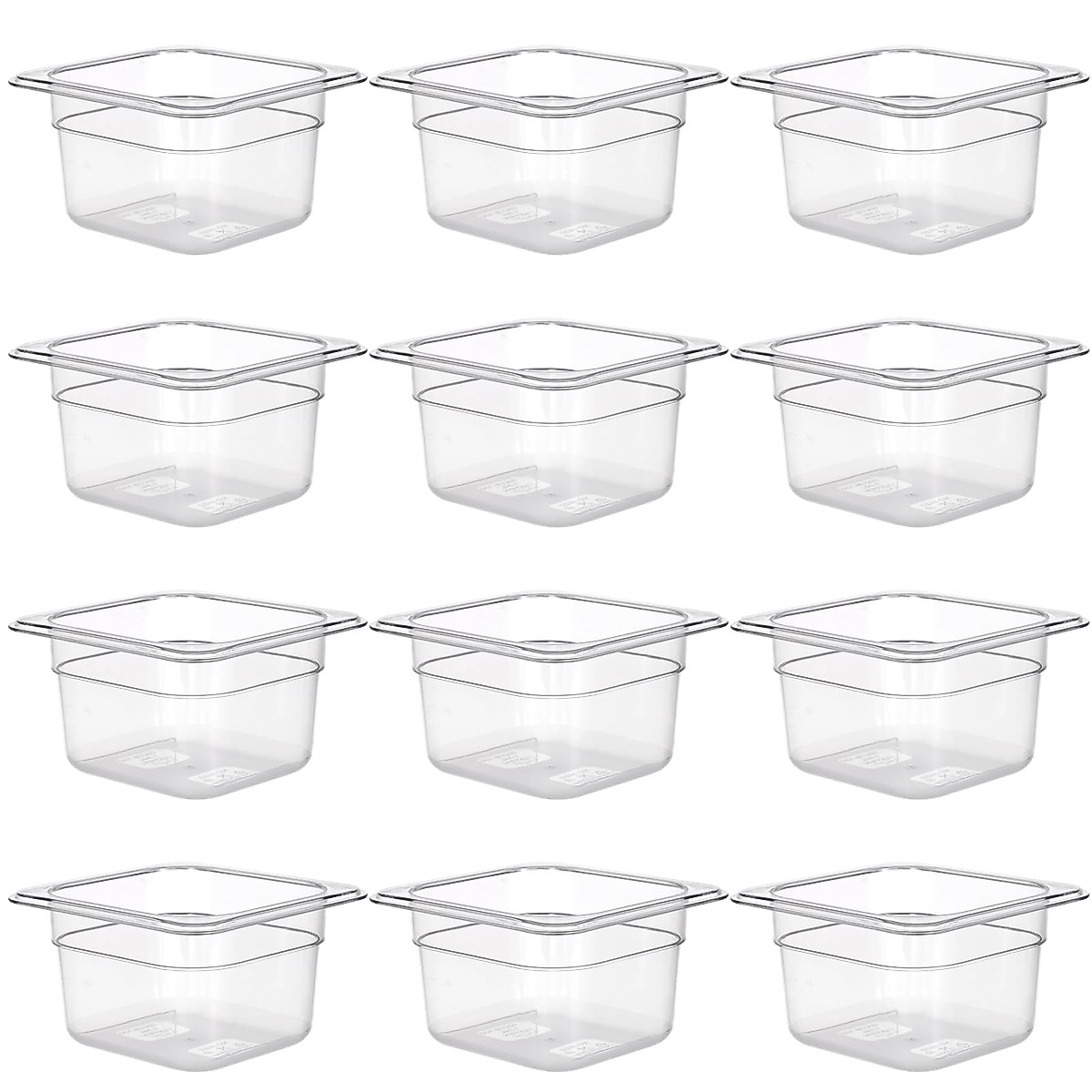 Lnrueg 12 PCS Plastic Clear Food Pans with Non-slip Bottom, 1/6 Size 4 Inch Deep Stackable Acrylic Deep Food Storage Pan for Fruits, Vegetables, Desserts,6.9''x6.3''x4''