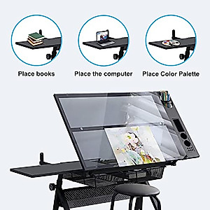 Waful Height Adjustable Drafting Tables, Glass Drawing Art Table, Art Artists Desk, Tilting Tabletop Paintings Work Station Artist Table -2 Storage Drawer for Reading, Writing Art Craft Work Station
