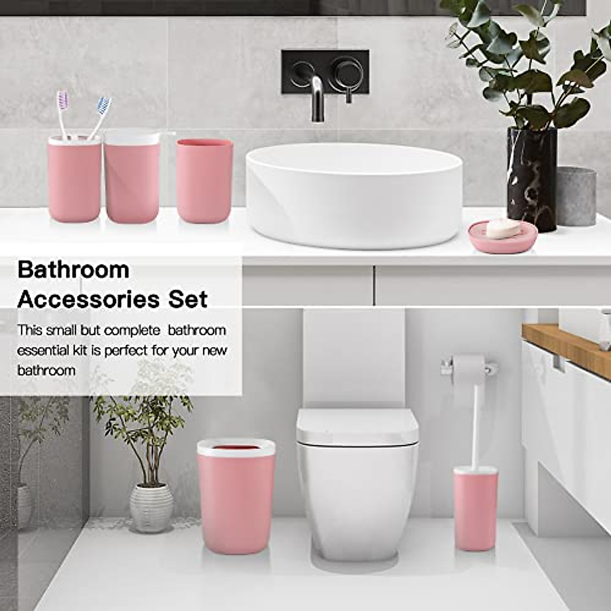 Otostar 6 Piece Bathroom Accessory Set Plastic Bath Accessories Bathroom Gifts Set with Soap Dispenser Toothbrush Holder Tumbler Soap Dish Toilet Brush Holder Trash Can Decor Countertop (Light Pink )