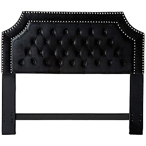 Iconic Home Chava Headboard Velvet Upholstered Button Tufted Double Row Silver Nailhead Trim Modern Transitional Full/, Queen, Black