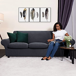 CHUN YI 3 Pieces Stretch Loveseat Sofa Cover for 2 Seater Couch, Washable Soft Sofa Slipcover with 2 Separate Seat Cushion Covers for Dogs, Checks Spandex Jacquard Fabric, Medium, Grey/Gray