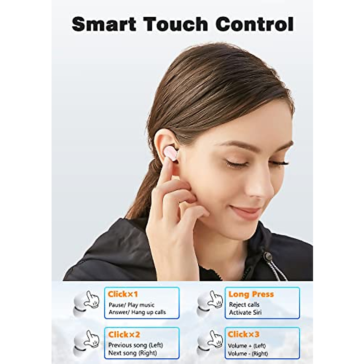 Wireless Earbuds, Bluetooth Earphones Stereo HiFi Sound Noise Cancelling with Built-in Microphone, True Wireless Headphones In-Ear Earbuds for Sports and Work, Compatible with iPhone, Android- Pink