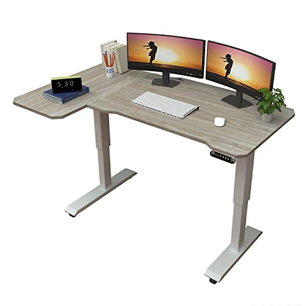 bilbil 59 Inches L-Shaped Height Adjustable Electric Standing Desk, Sit to Stand Desk Home Office Computer Desk with Lockable Casters, Oak Top, White Frame