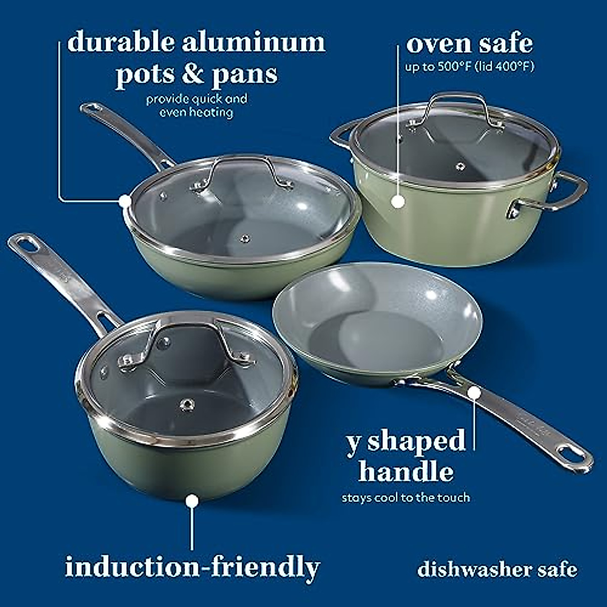 Sur La Table Kitchen Essentials 10 Piece PFA Free Non-Toxic Titanium Ceramic Nonstick Interior Forged Aluminum Cookware Pots and Pans Set - Green - Induction Compatible