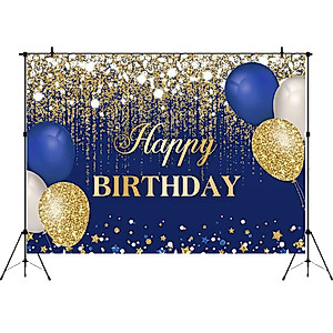 Aperturee Blue and Gold Happy Birthday Backdrop 7x5ft Glitter Golden Dots Diamonds Balloons Women Girls Sweet 16 Bday Photography Background Party Decorations Cake Table Banner Photo Booth Props