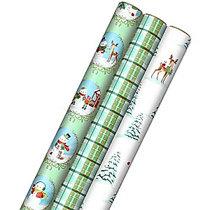Hallmark Christmas Wrapping Paper with Cut Lines on Reverse (3 Rolls: 120 sq. ft. ttl) Woodland Storybook Critters, Deer, Snowmen, Mint Green and Teal Blue Plaid