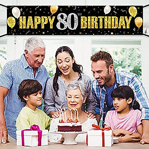 80th Birthday Banner Decorations for Men Women, Black Gold Happy 80 Birthday Yard Banner Sign Party Supplies, Eighty Year Old Birthday Party Decor for Indoor Outdoor